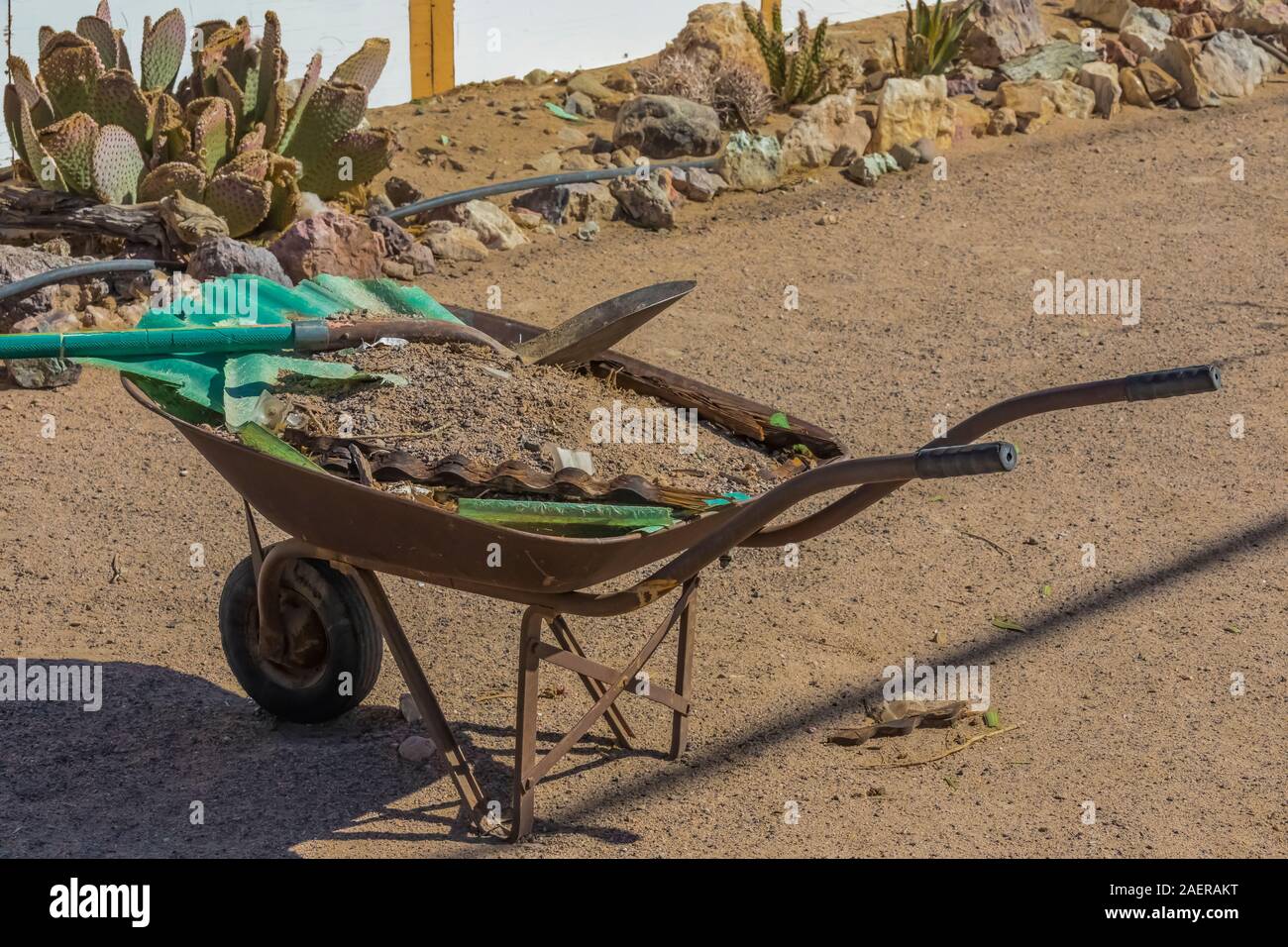 Wheelbarrow at house next to Bagdad Cafe at Newberry Springs along ...