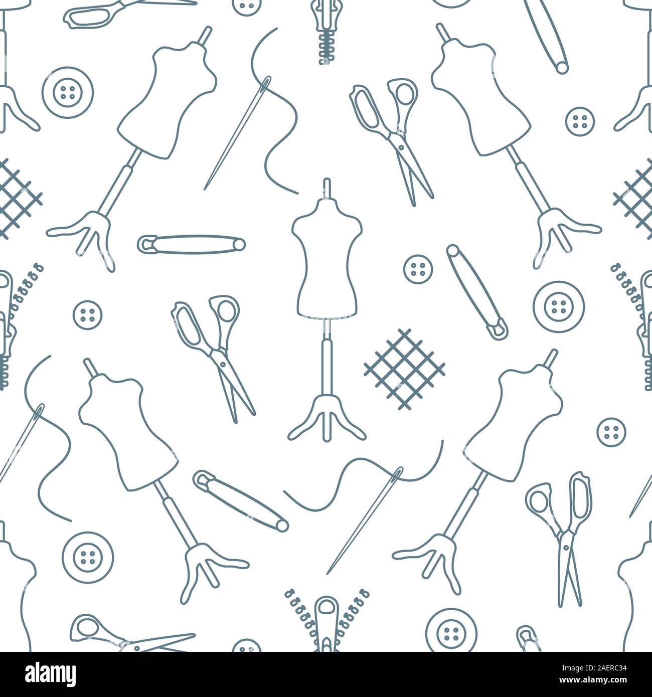 Vector seamless pattern Mannequin, scissors, needle, pin, buttons ...