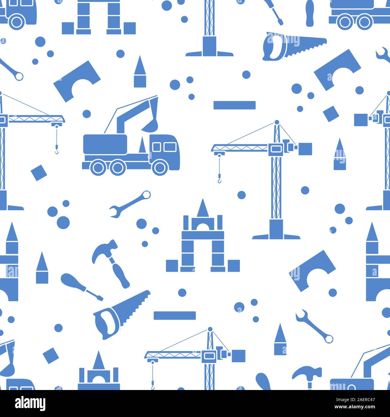 Vector seamless pattern with kid toys. Excavator, crane, toy tools, saw ...