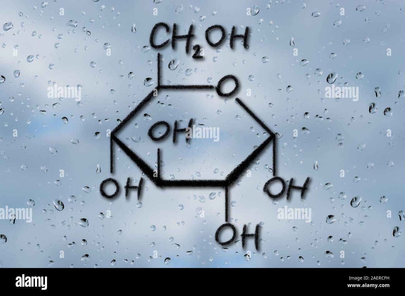 Structural model of Glucose drawn on the glass with raindrops Stock ...