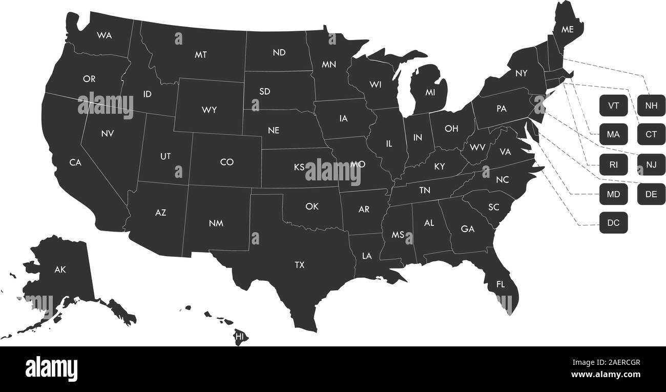 Regional map of USA states with labels vector illustration. Gray ...