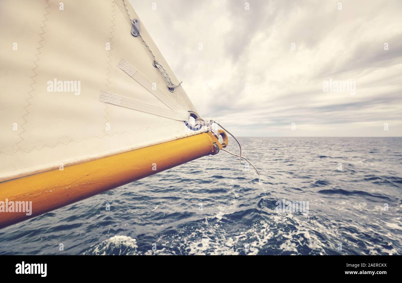 Close up picture of old schooner sail tip, selective focus, color ...
