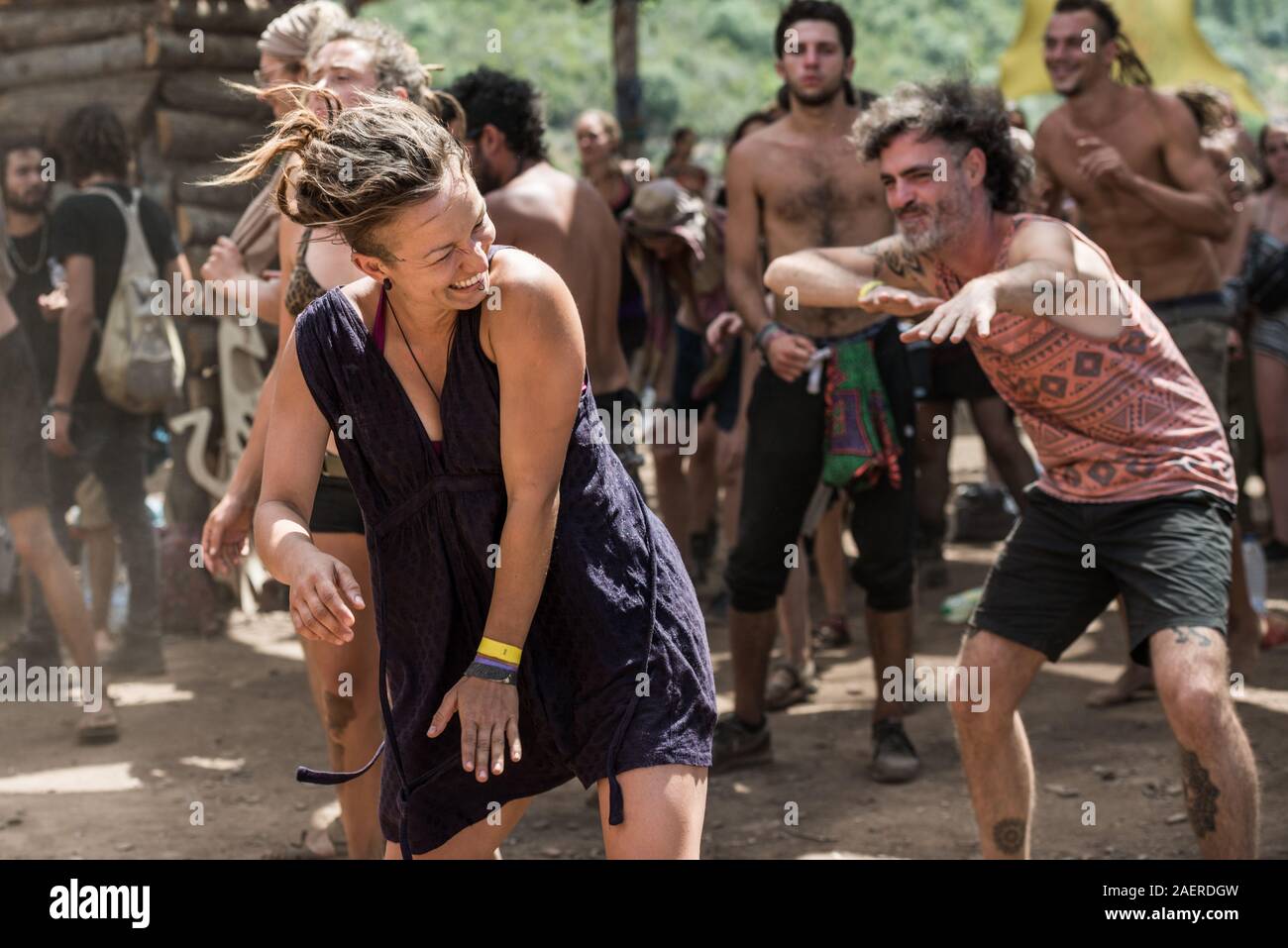 People dancing on the main stage of the psytrance Lost Theory festival ...