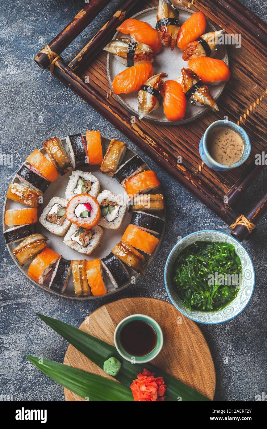 Sushi and rolls sets. Japonese food. top view Stock Photo - Alamy