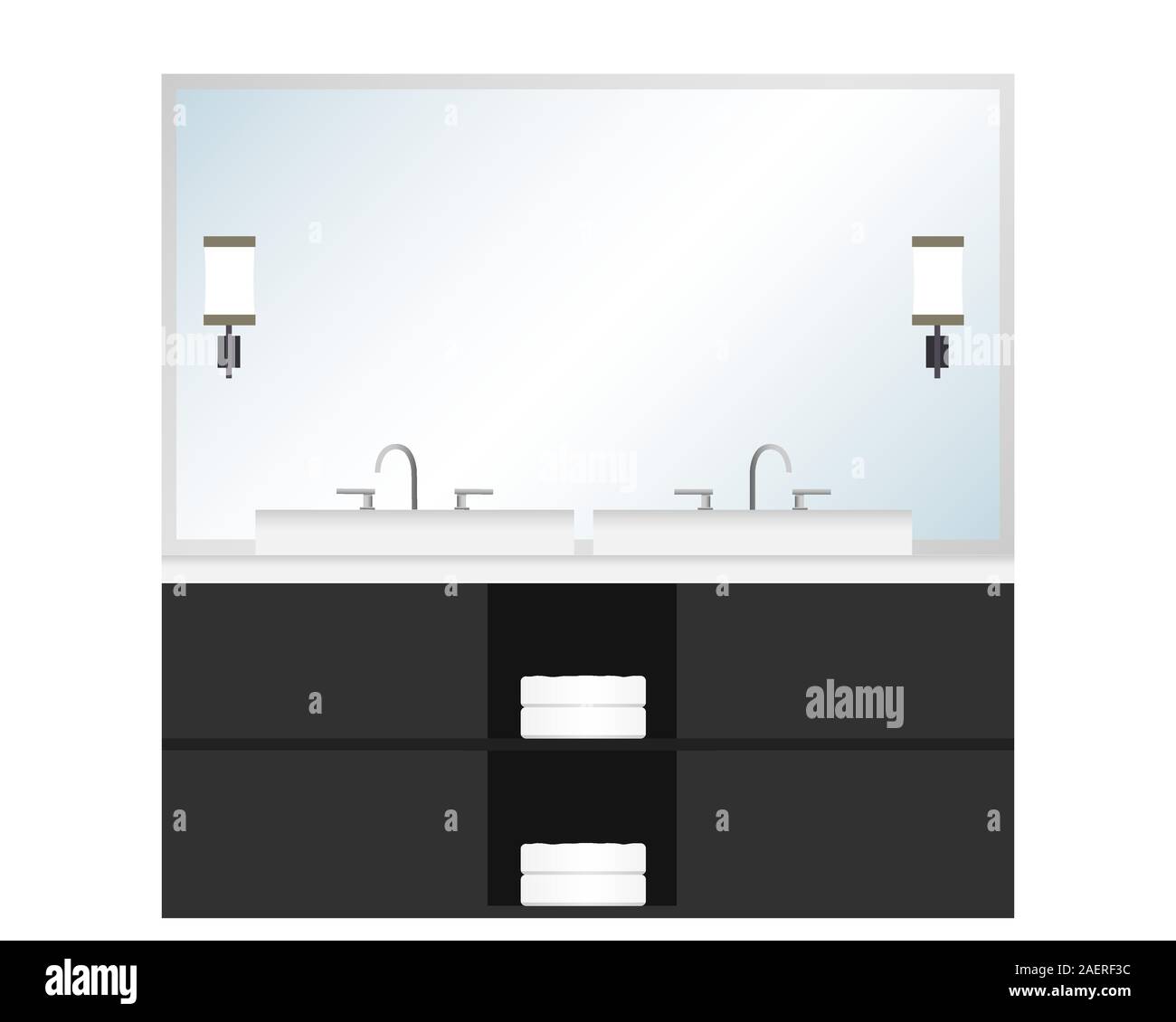 Bathroom with a large mirror and lamps. Bathroom furniture with two ...