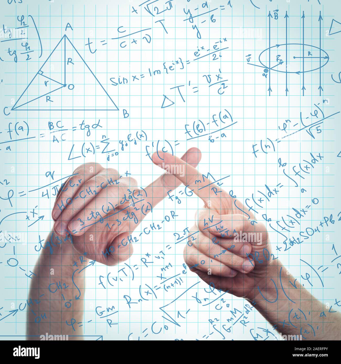 Science concept. Students raised up hands pointing fingers in front of ...