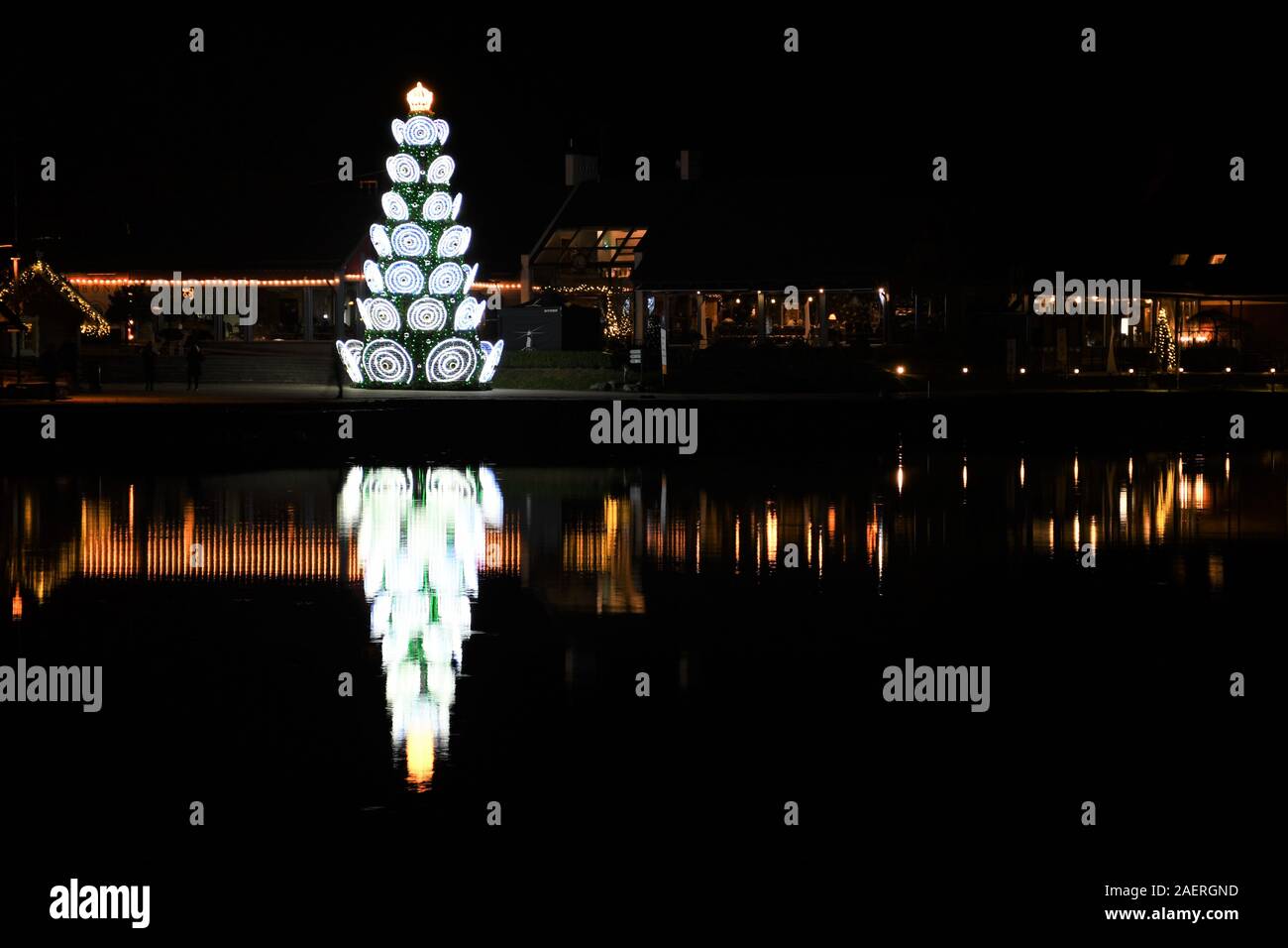 Christmas tree with reflections on the water, night Stock Photo - Alamy