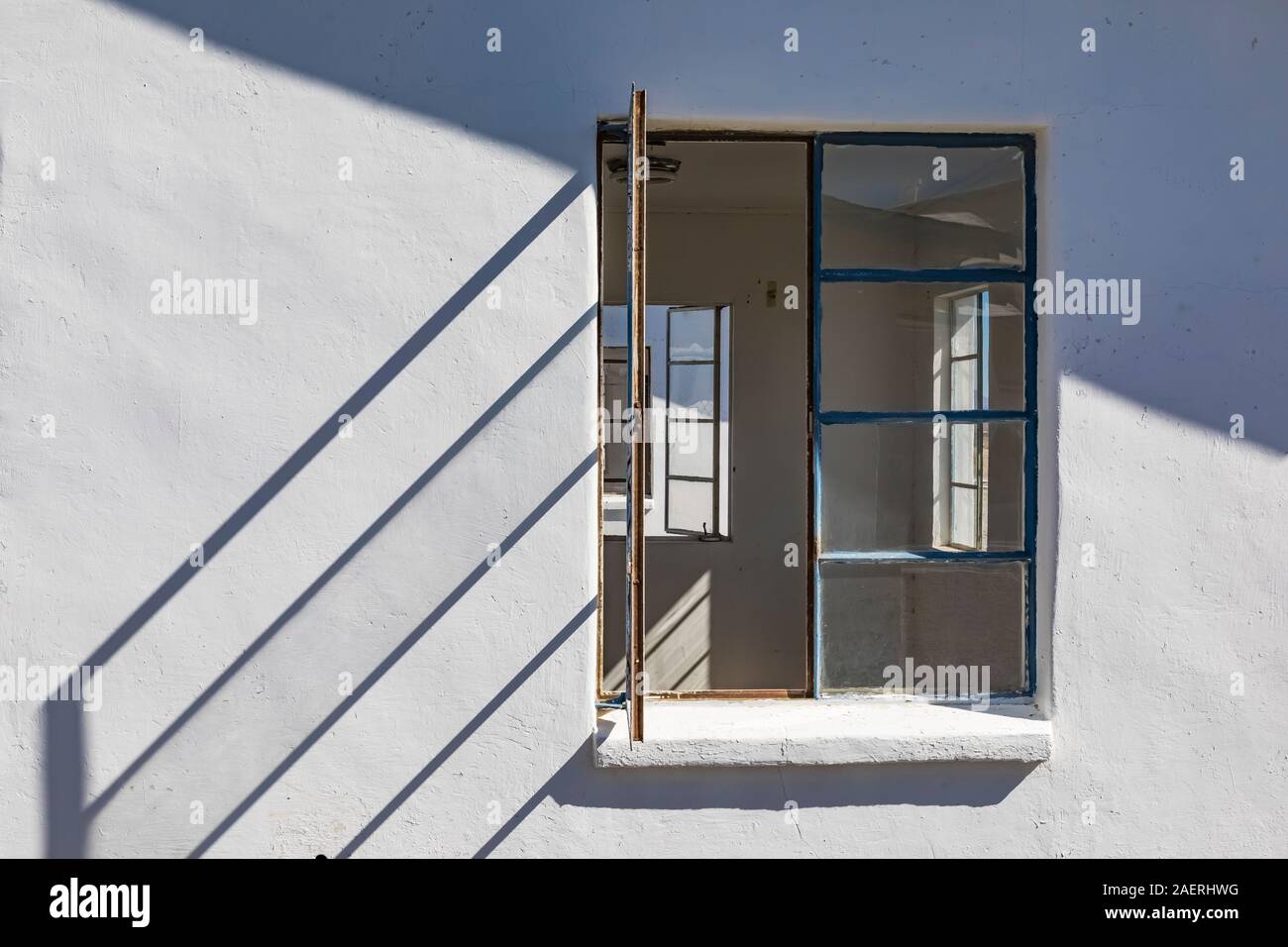 Window of a motor court cottage at Roy's Motel and Cafe along Route 66 ...