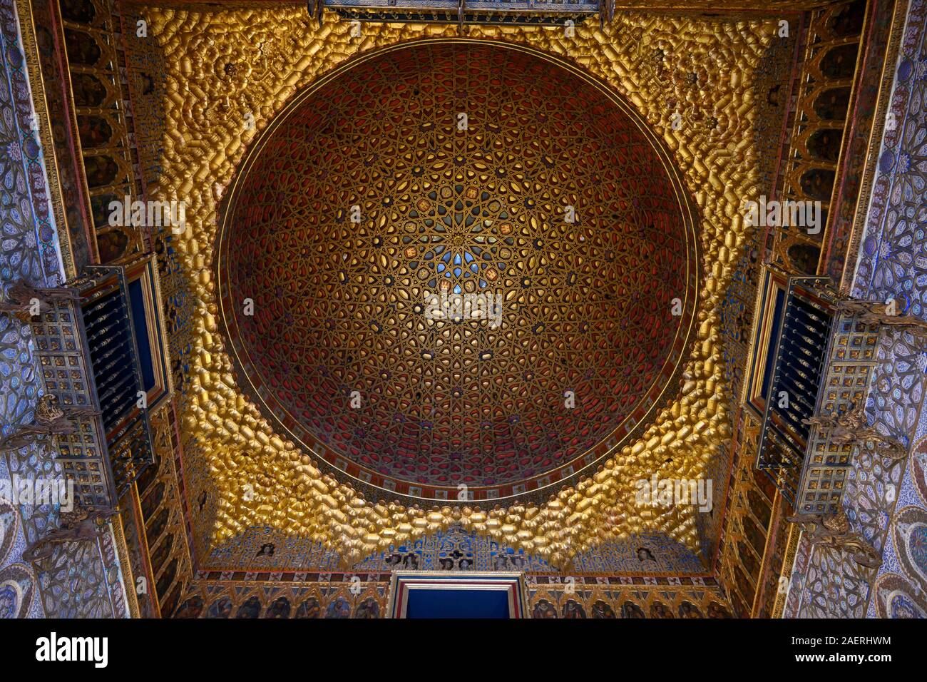 Golden decorative ceiling of Alcazar Palace, Plaza De Espana, Seville ...