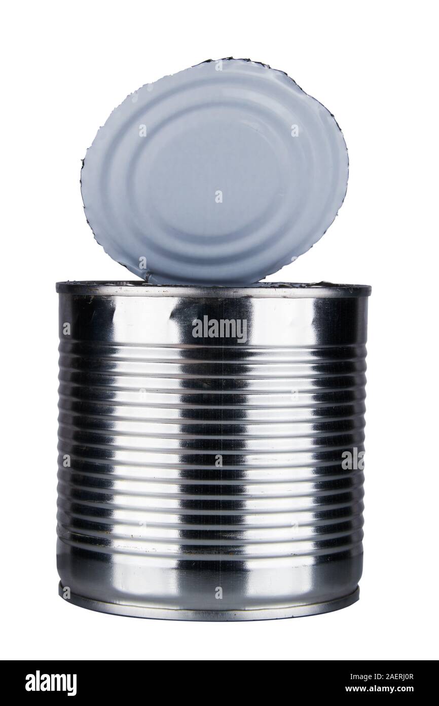 Open Tin Can Isolated on White Background Stock Photo - Alamy