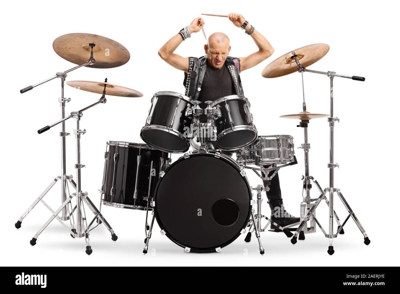 Punk male artist playing drums isolated on white background Stock Photo ...