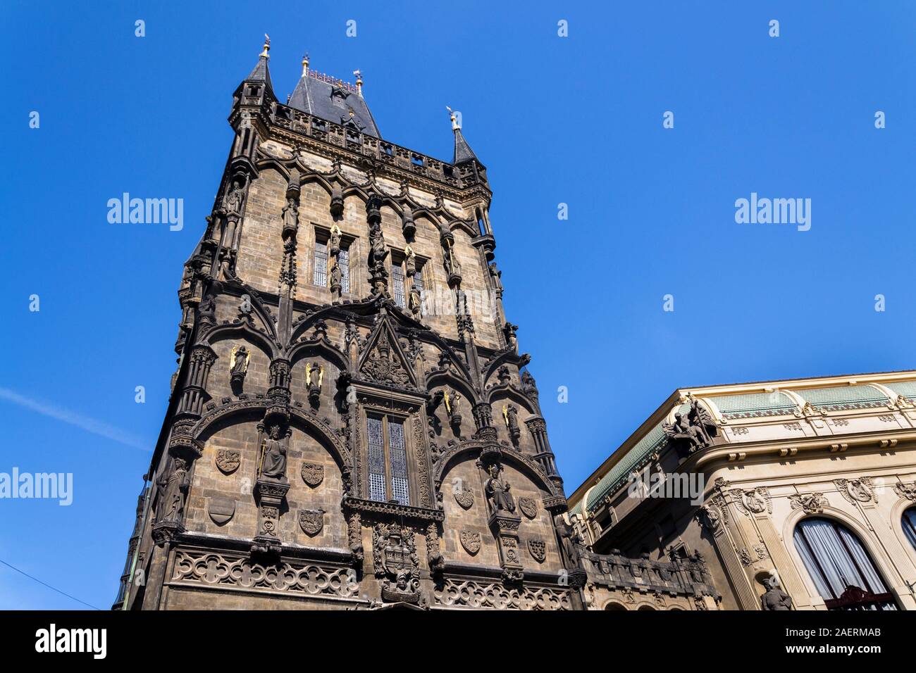 Powder Gate Tower architectural detail, the Royal Route start, Old Town, UNESCO World Heritage ...