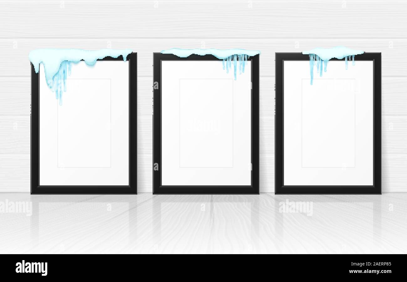 Set of frames with realistic snow and icicles. Beautiful winter ...