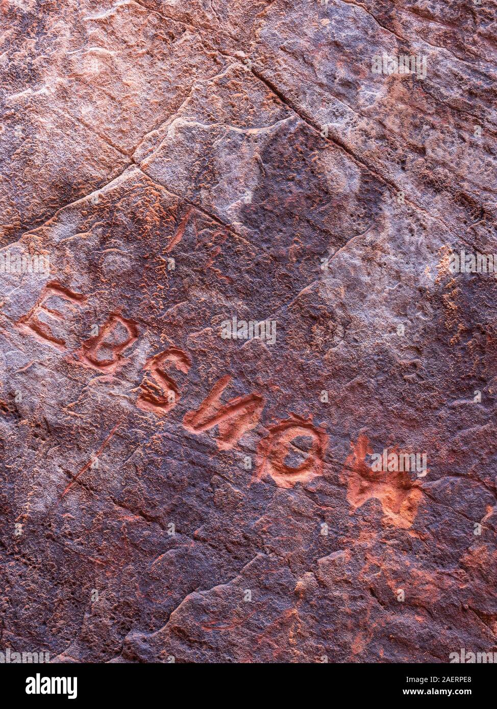 E.B. Snow name etched on a fallen rock at the end of Johnson Canyon ...