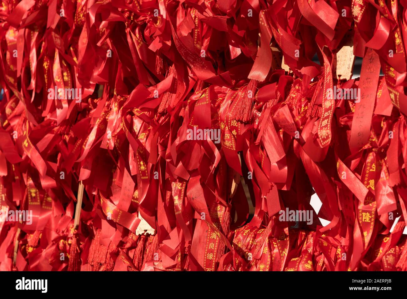 March 12, 2019: Chinese red ribbons in a Temple, Dali, Yunnan, China ...