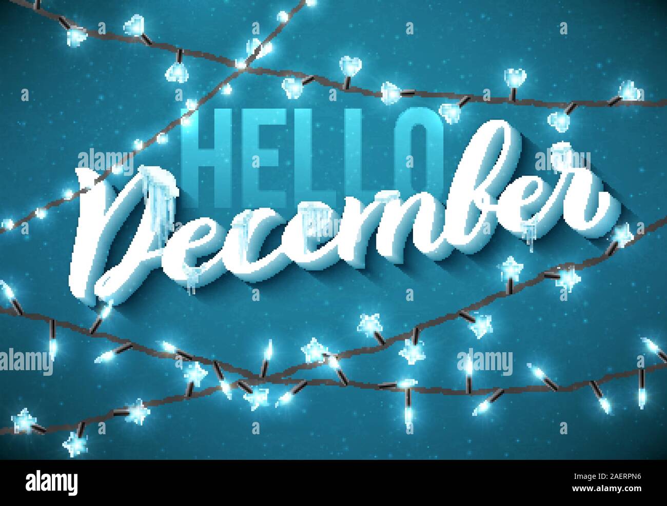 Hello December poster with realistic, icicles and christmas sparkling ...