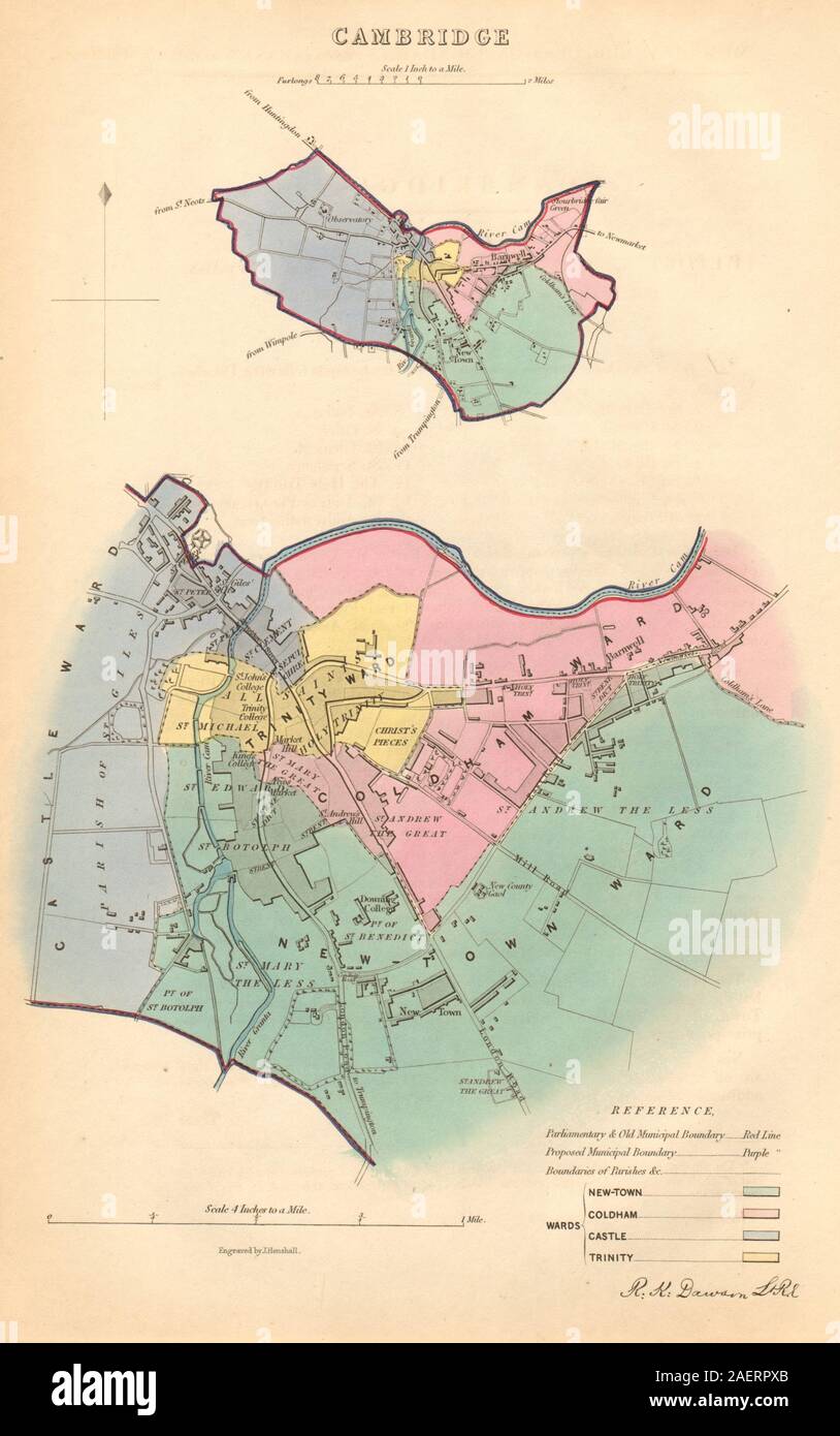 CAMBRIDGE borough/town/city plan. BOUNDARY COMMISSION. DAWSON 1837 old ...