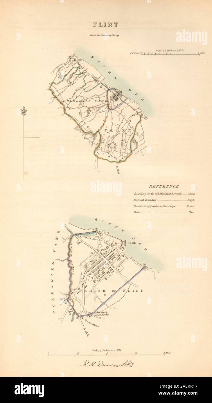 FLINT borough/town plan. BOUNDARY COMMISSION. Wales. DAWSON 1837 old ...