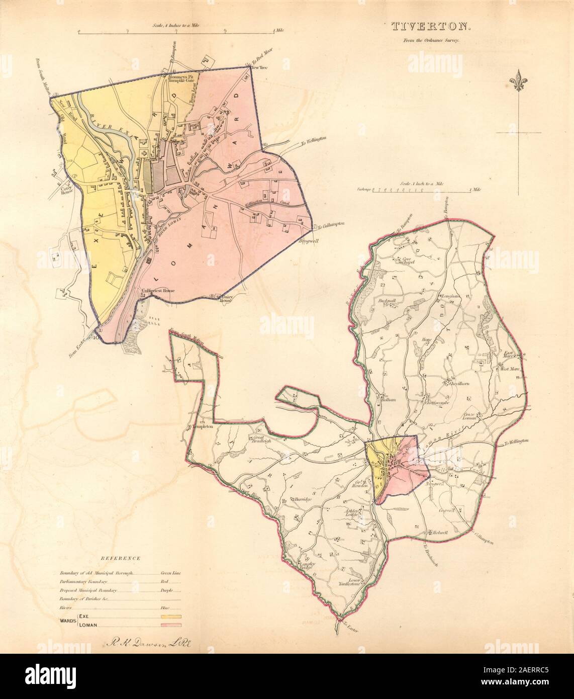 TIVERTON borough/town plan. BOUNDARY COMMISSION. Devon. DAWSON 1837 old ...