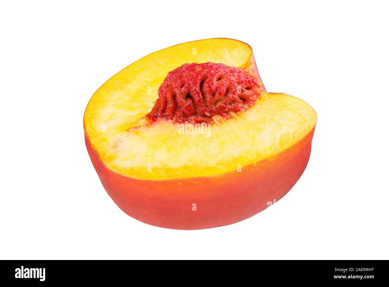 Nectarine fruit segment is isolated on a white background with the pen ...