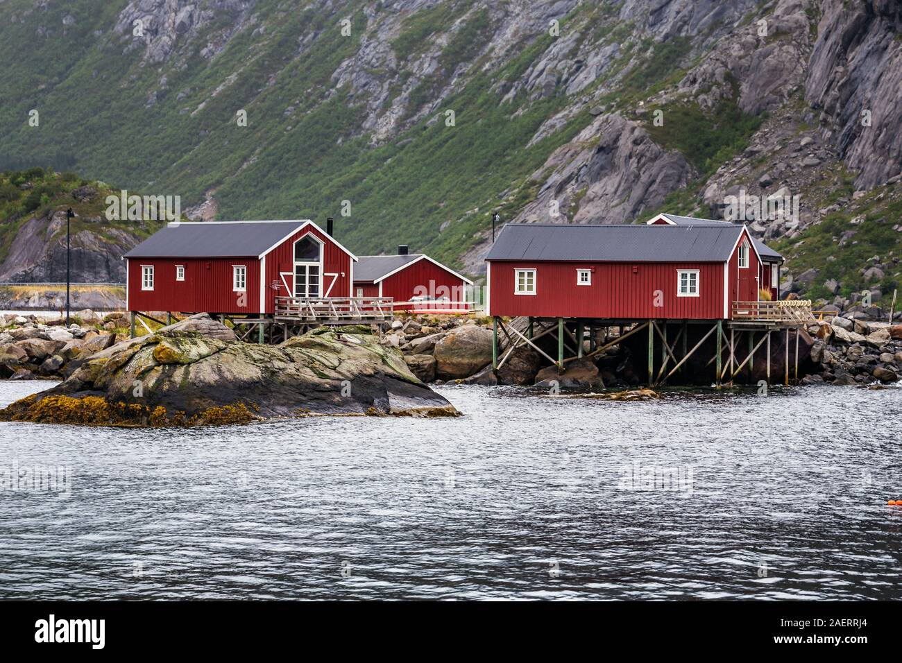 Traditional red wooden houses, rorbuer in the small fishing village of ...