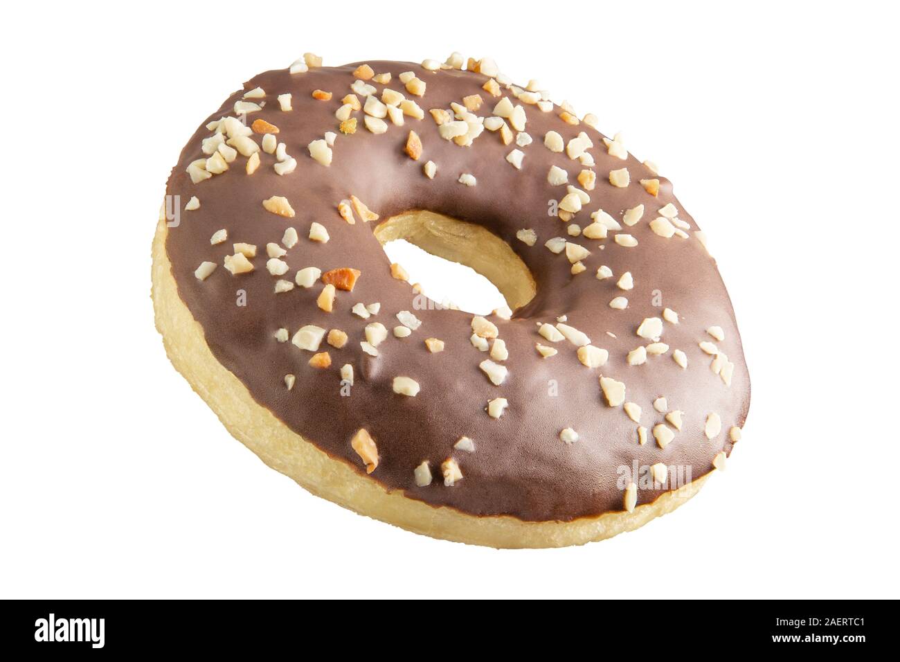 Isolated chocolate donut shot into stack. Photographed by stacking ...