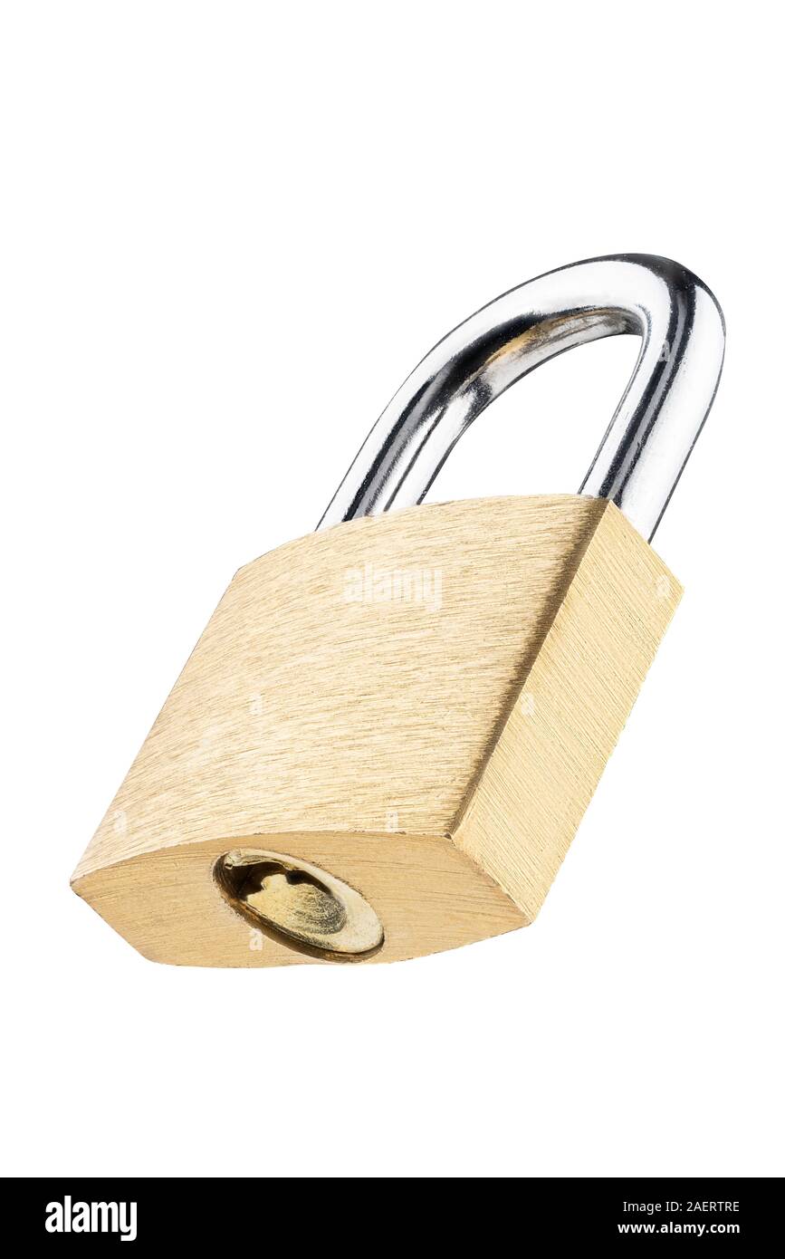 Metallic lock golden color. Isolated on white background. Shot on the ...