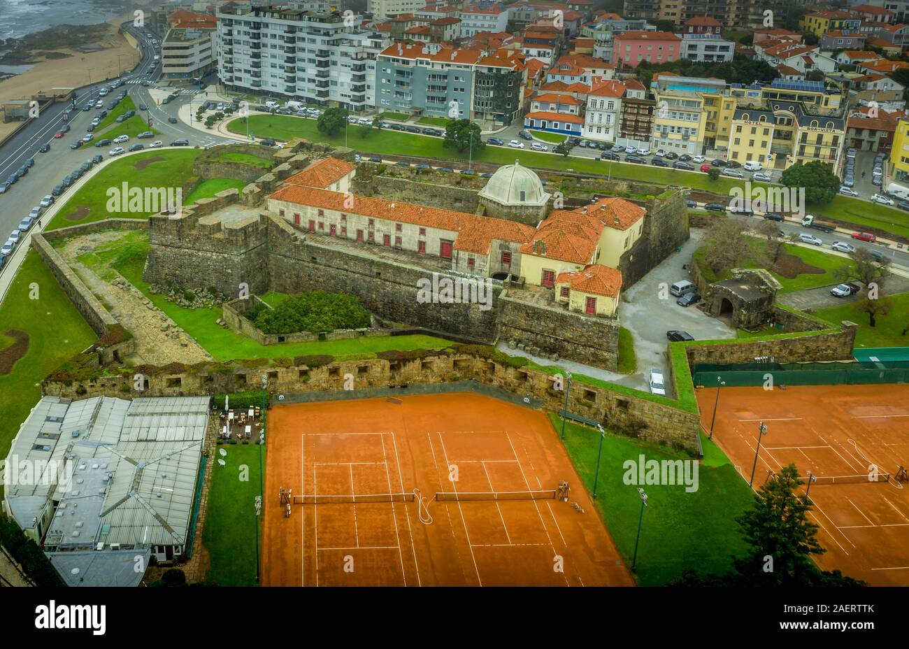 Aerial view of Douro de Foz at the mouth of the Douro river with Forte ...