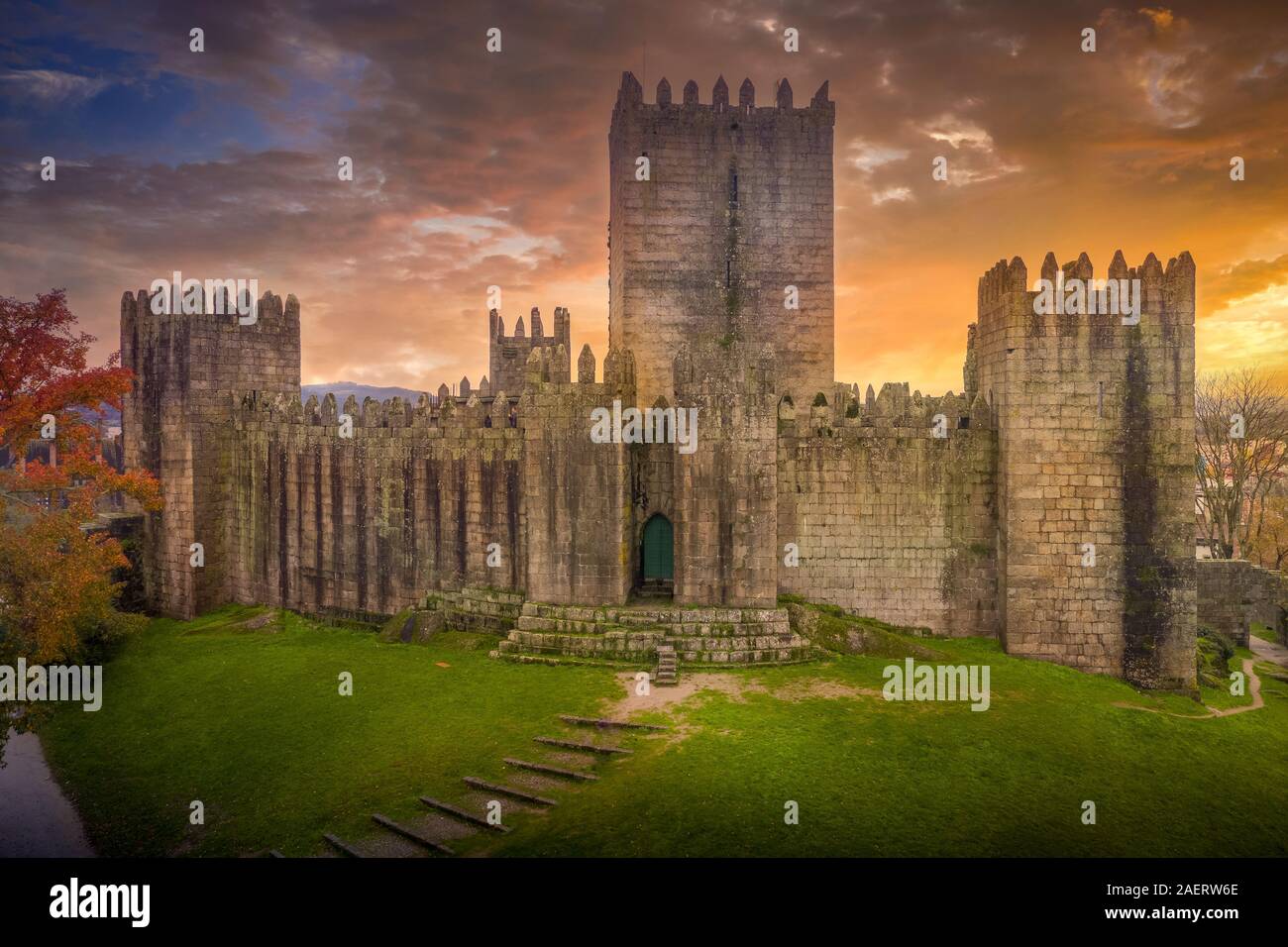 Aerial panorama view of Guimaraes castle in Portugal with dramatic sky ...