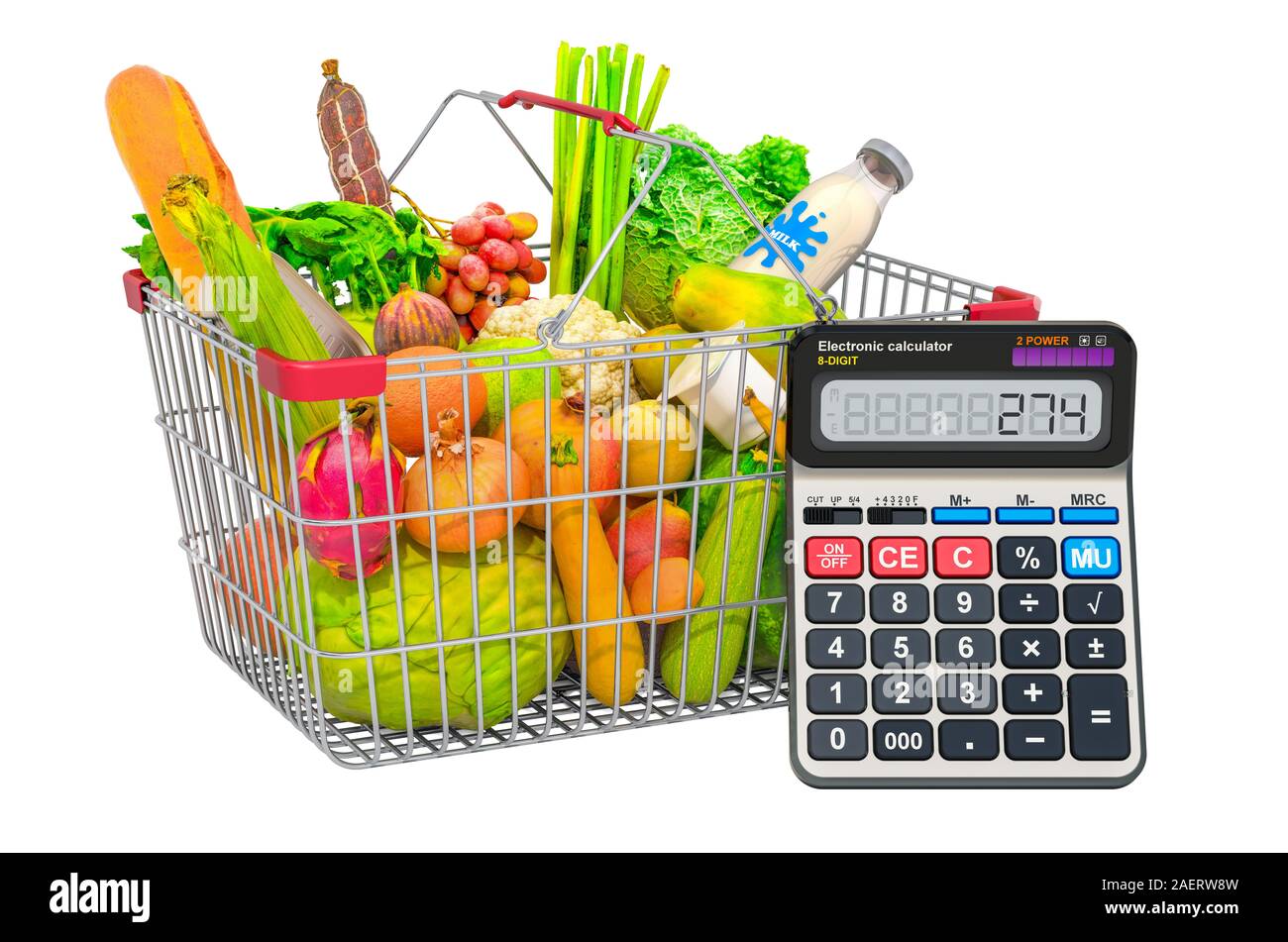 Shopping basket full of products with calculator, 3D rendering isolated ...