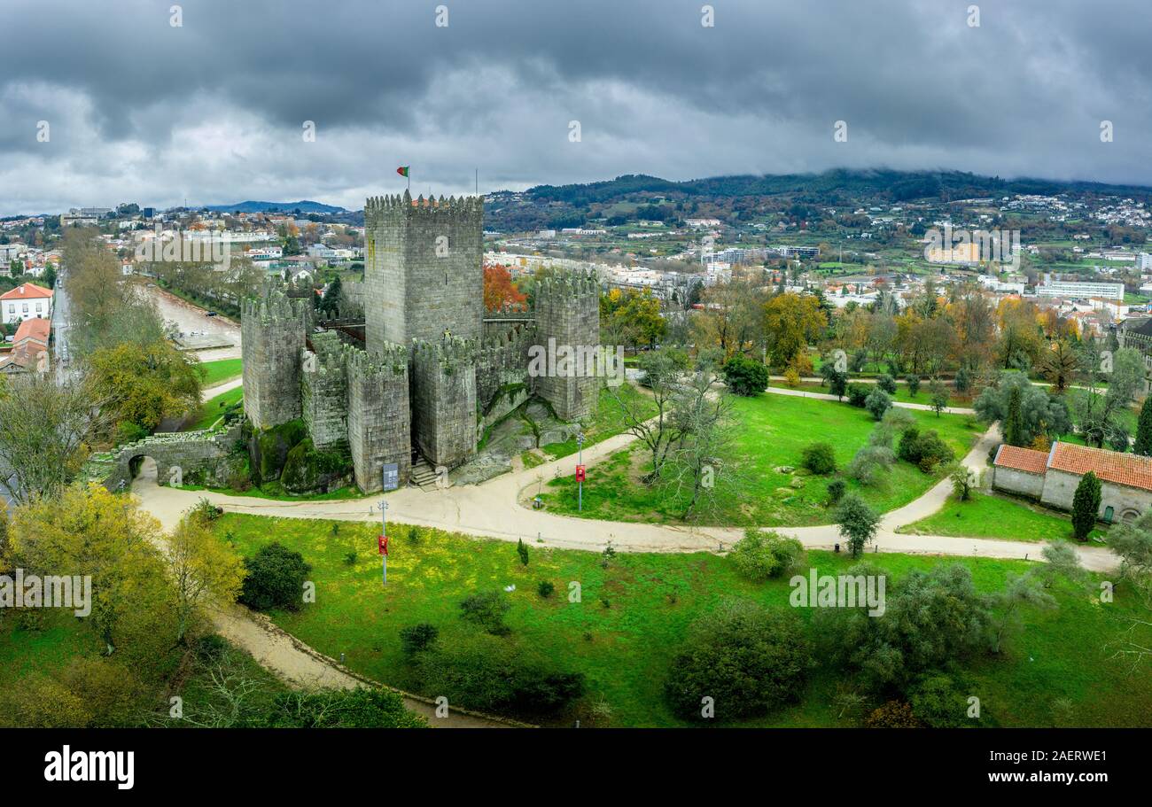 Aerial panorama view of Guimaraes castle in Portugal with dramatic sky ...