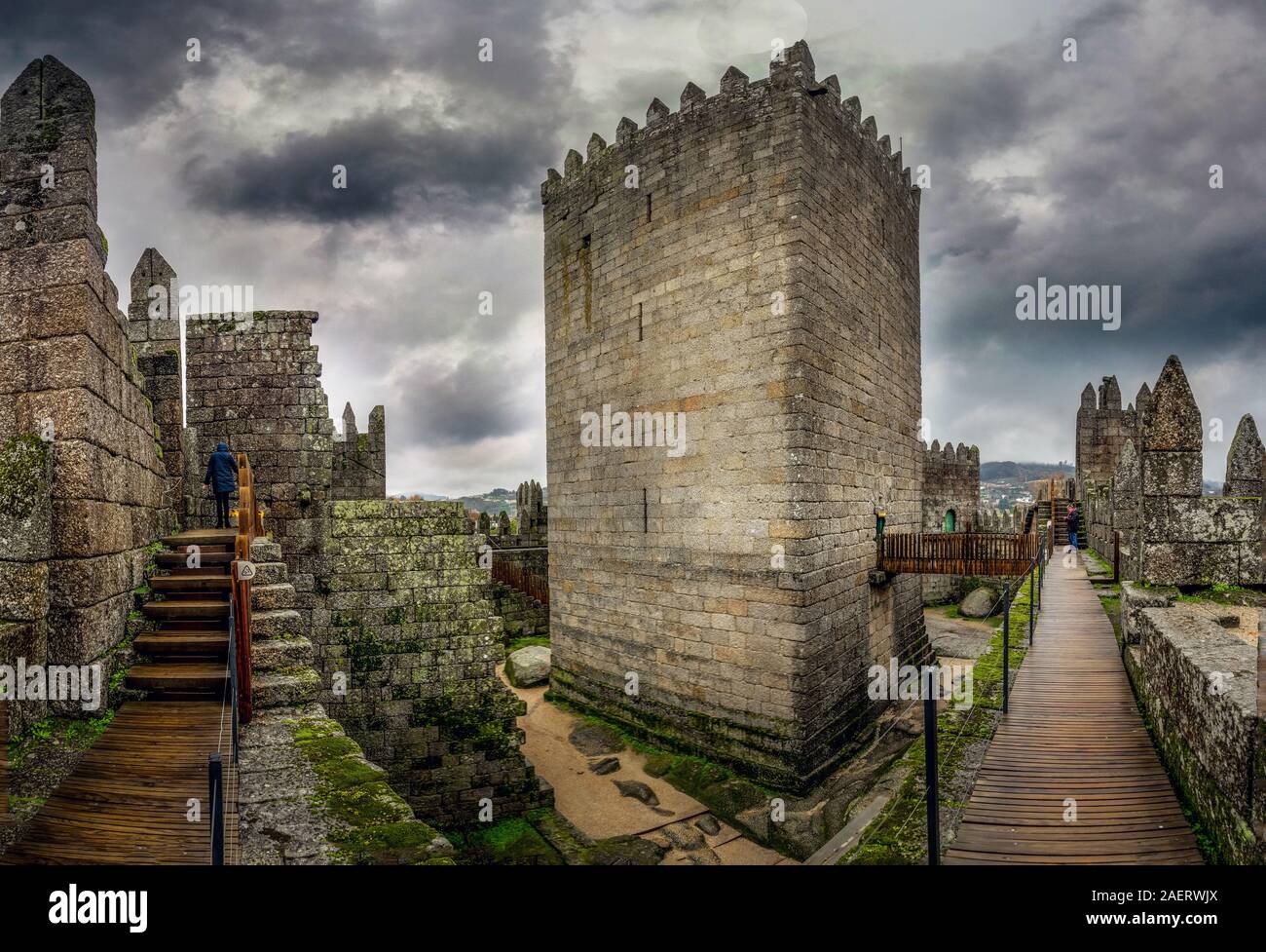 Aerial panorama view of Guimaraes castle in Portugal with dramatic sky ...