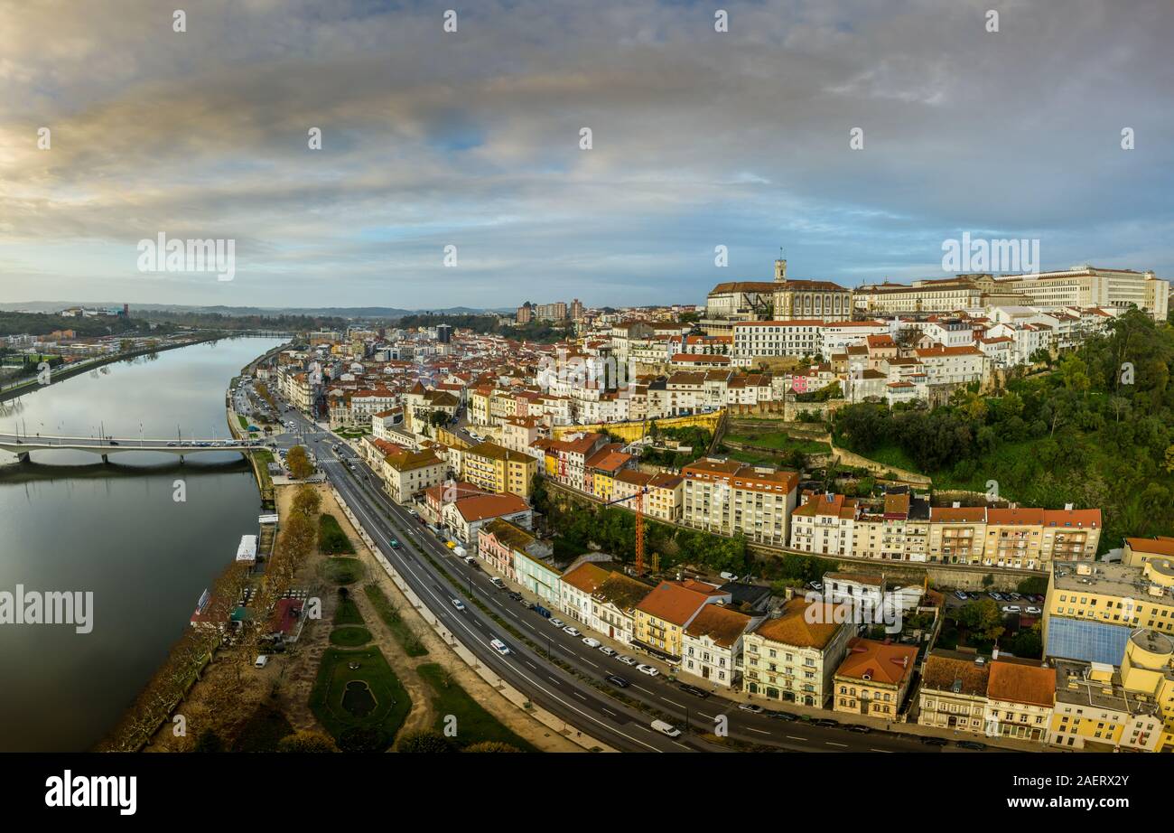 Aerial view of Coimbra University and town in central Portugal with ...
