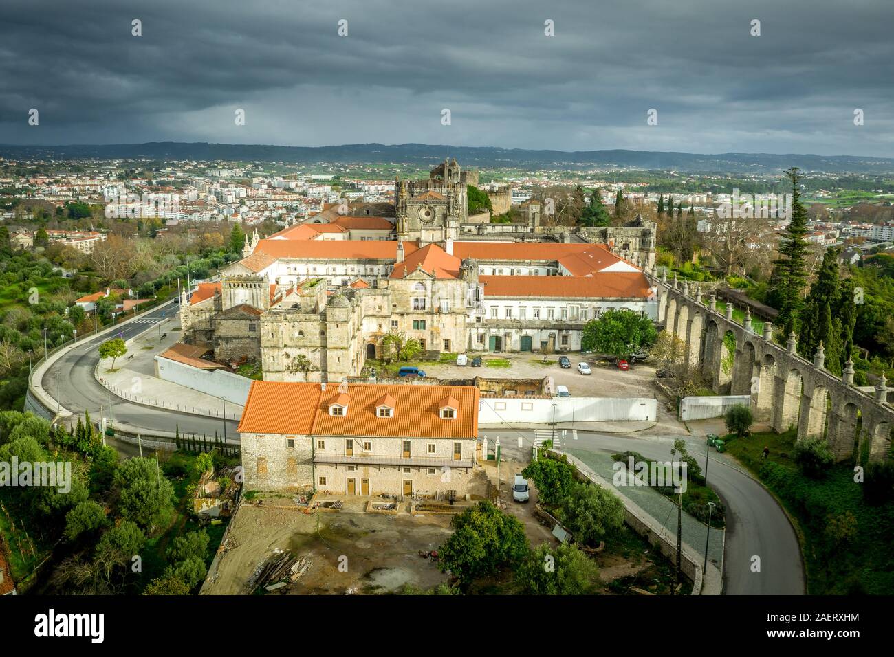 Aerial panorama of Tomar castle once owned by the Templar knights, town ...