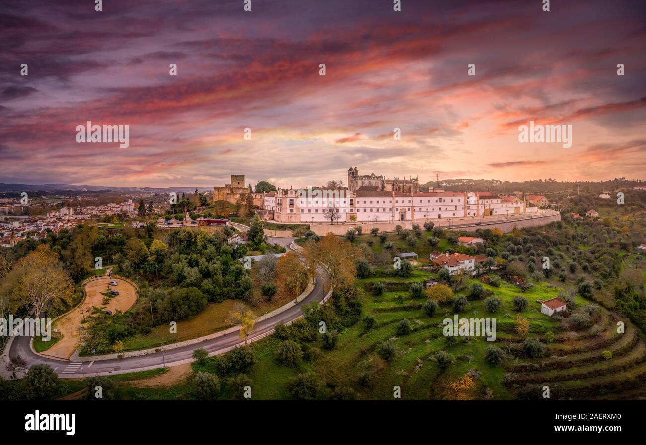 Aerial view of the city of Tomar in Portugal with red rooftops, Convent ...