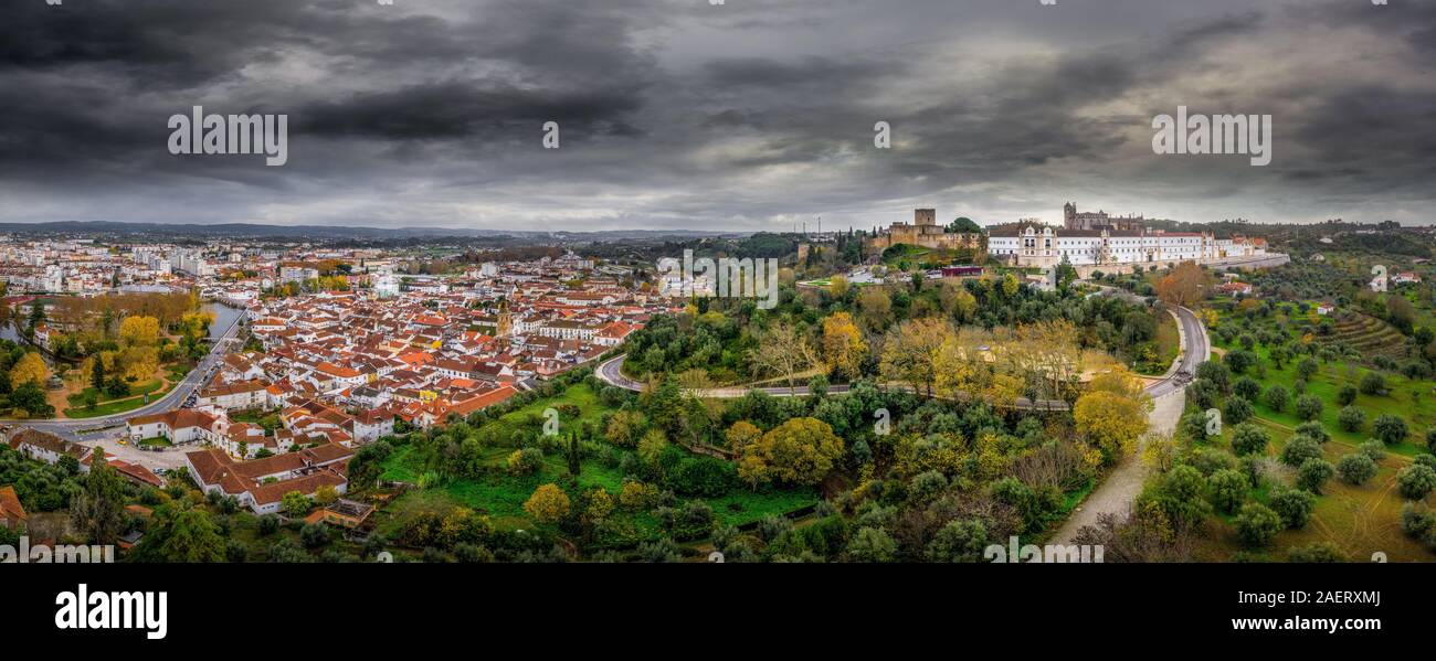 Aerial panorama of Tomar castle once owned by the Templar knights, town ...