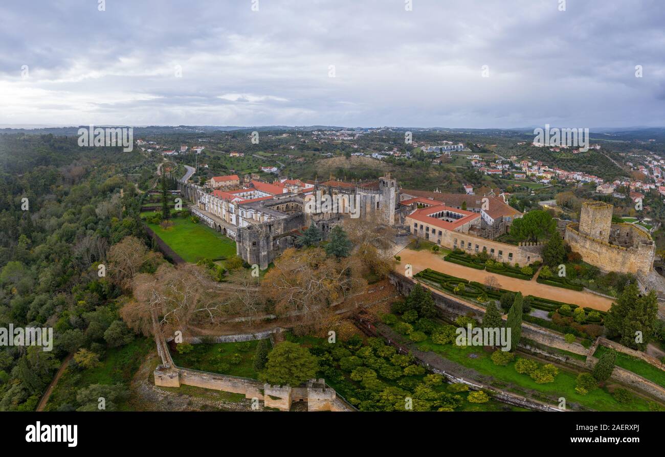 Aerial panorama of Tomar castle once owned by the Templar knights, town ...