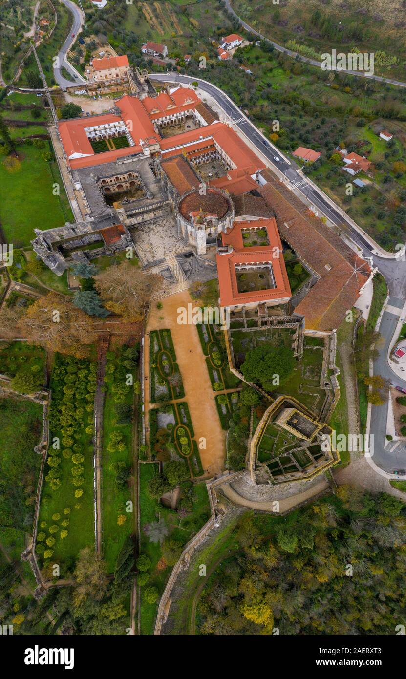 Aerial panorama of Tomar castle once owned by the Templar knights, town ...