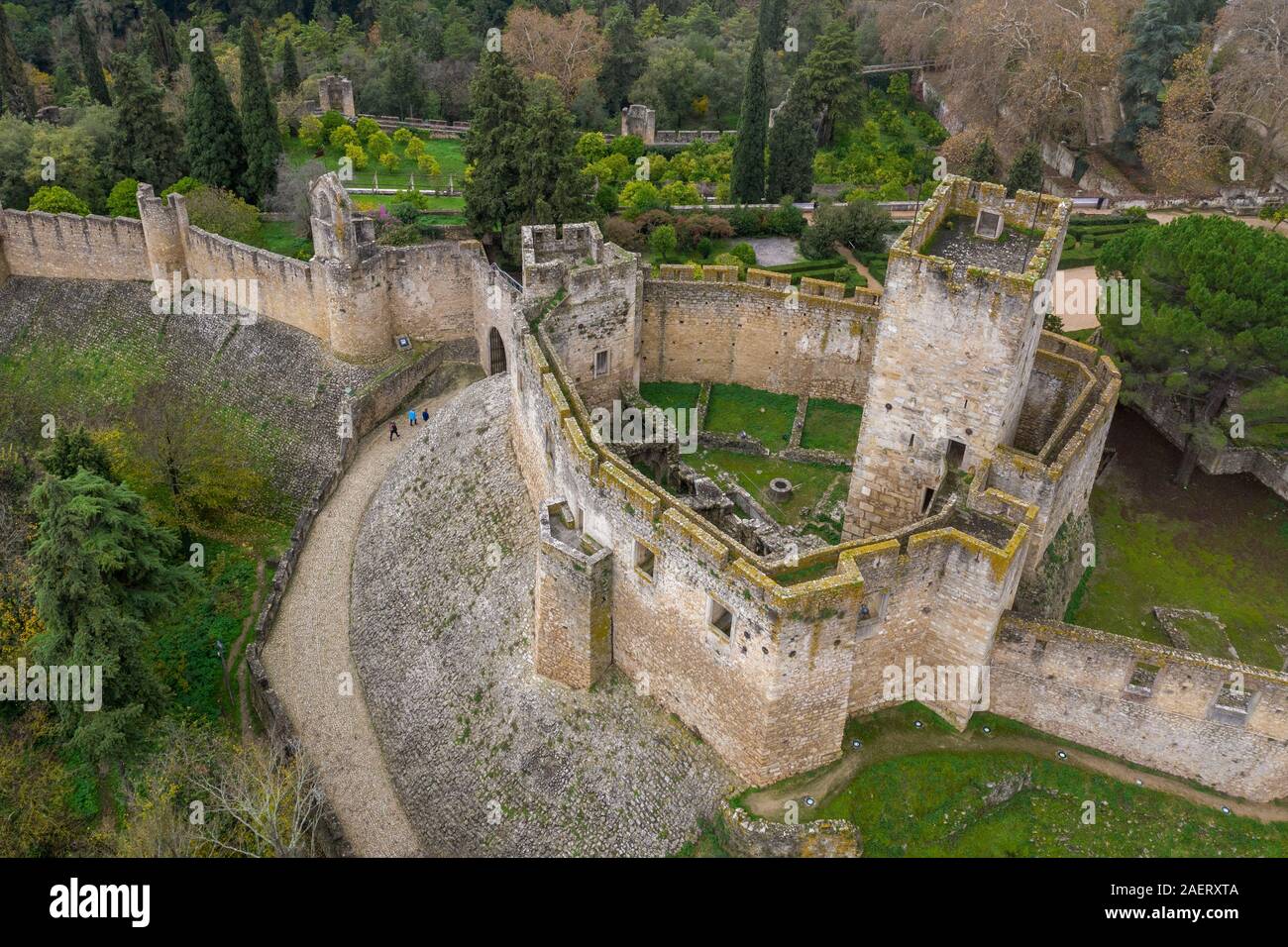 Aerial panorama of Tomar castle once owned by the Templar knights, town ...