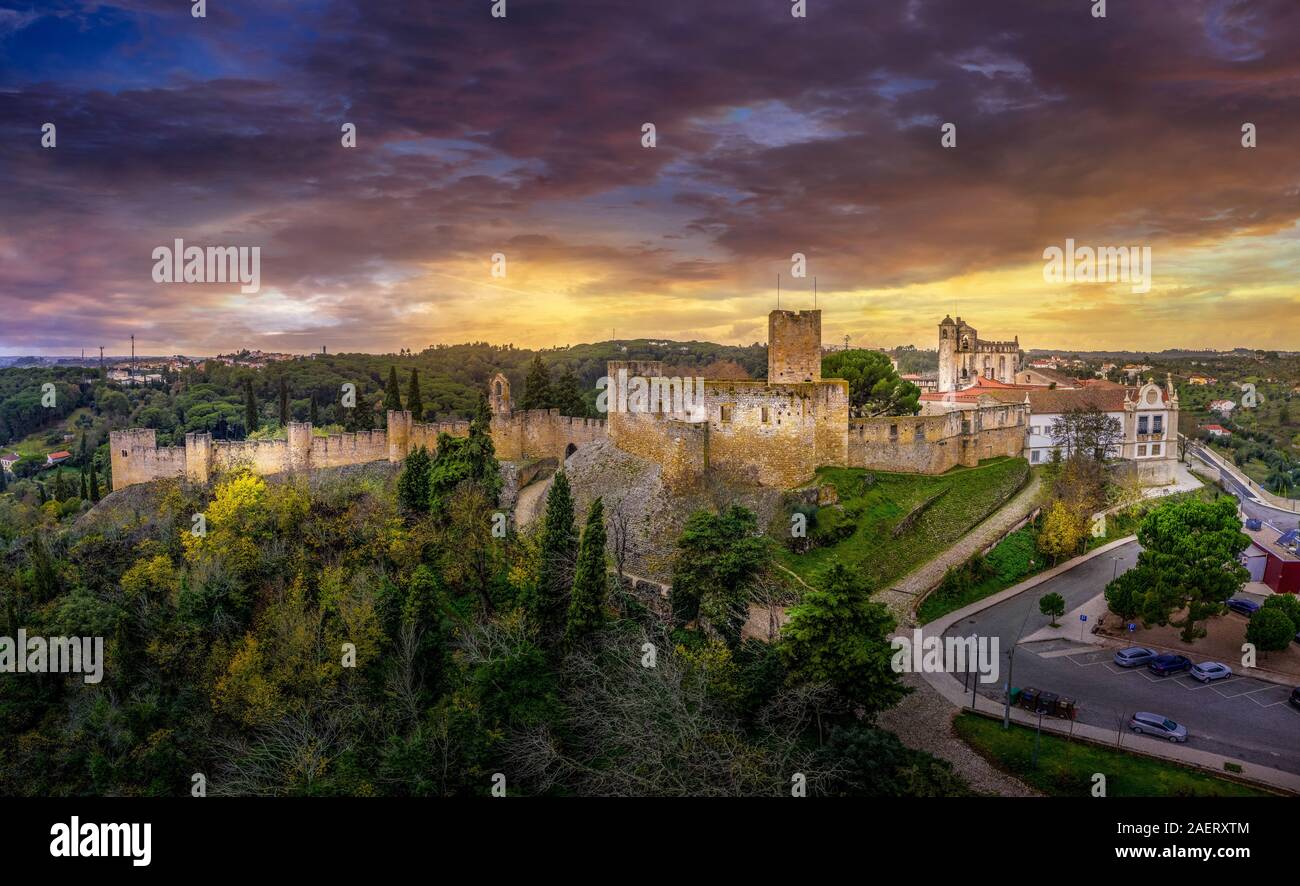 Aerial view of the city of Tomar in Portugal with red rooftops, Convent ...