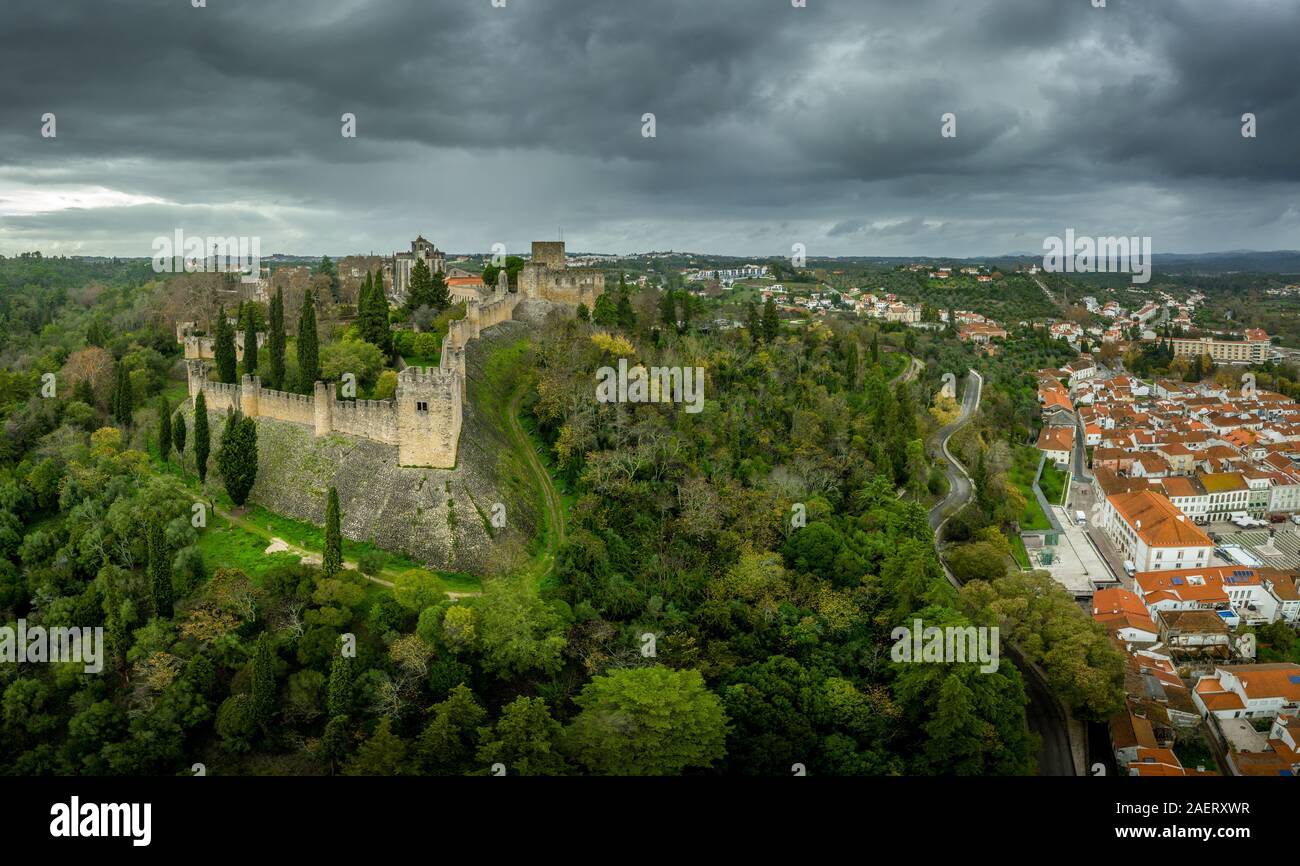Aerial view of the city of Tomar in Portugal with red rooftops, Convent ...