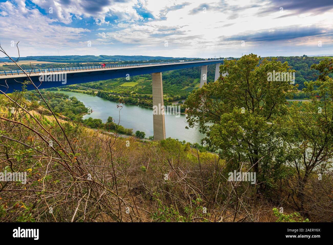 View at a steel beam bridge connecting the Hunsrück and Eifel mountain ...
