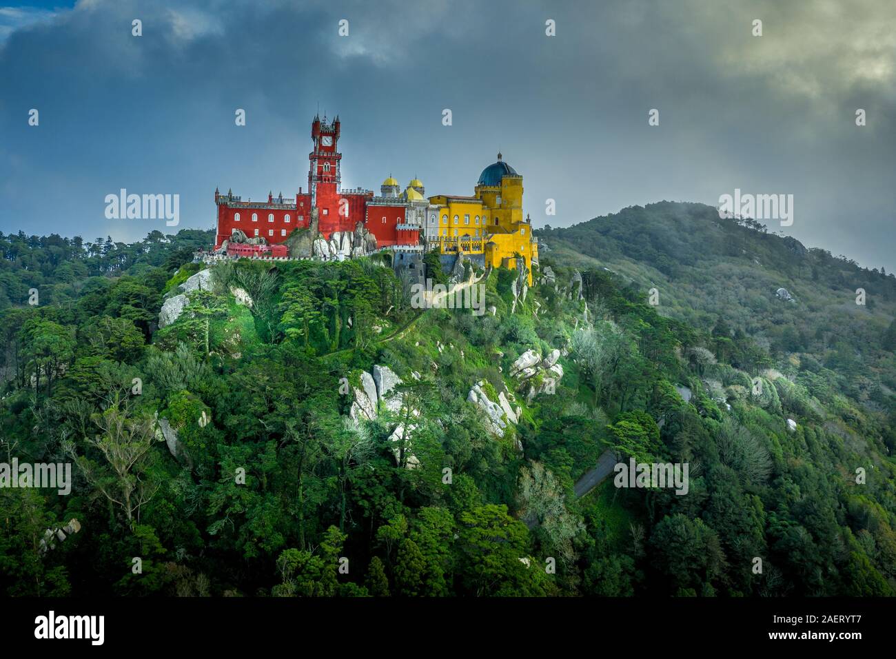 Aerial view of red yellow blue Pena palace in Sintra Portugal voted one ...