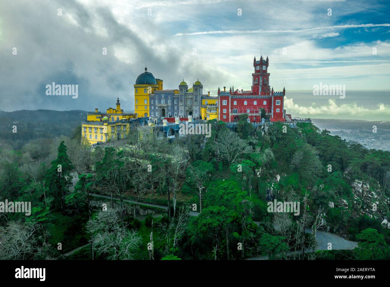 Aerial view of red yellow blue Pena palace in Sintra Portugal voted one ...