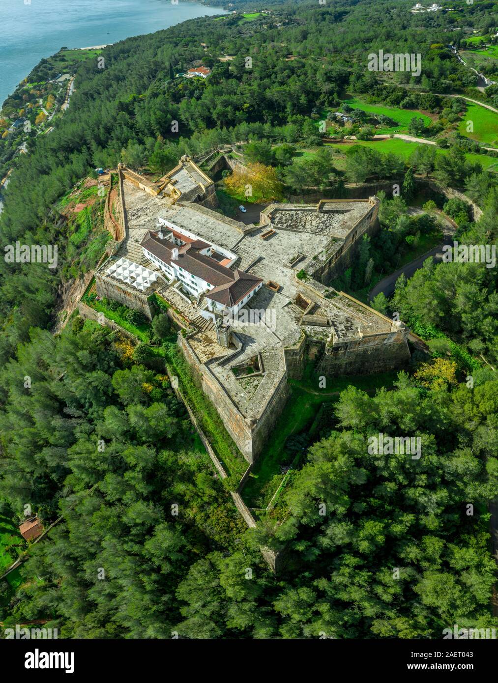 Aerial view of Fortress Sao Filipe in Setubal Portugal star shape fort ...