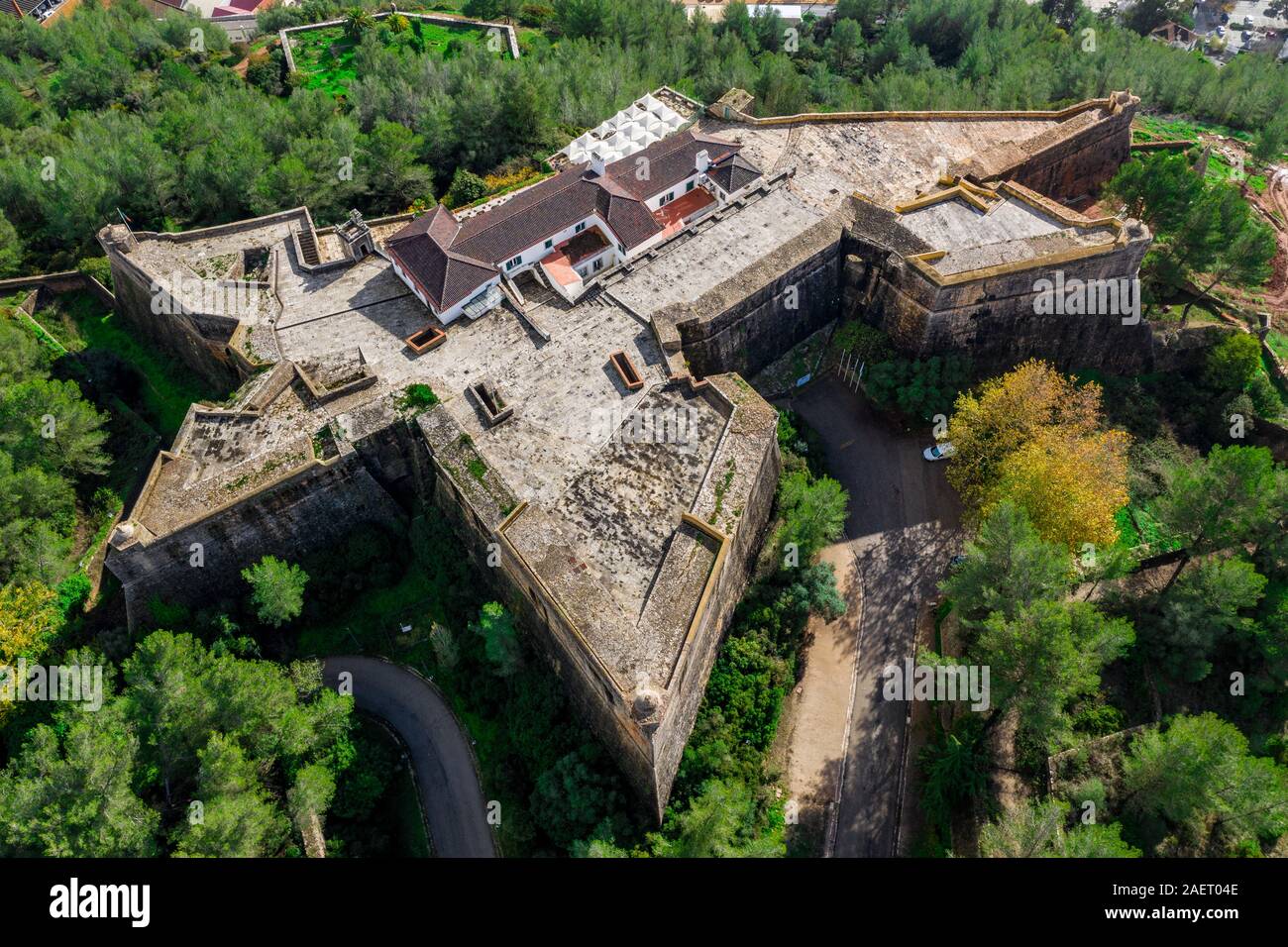 Aerial view of Fortress Sao Filipe in Setubal Portugal star shape fort ...