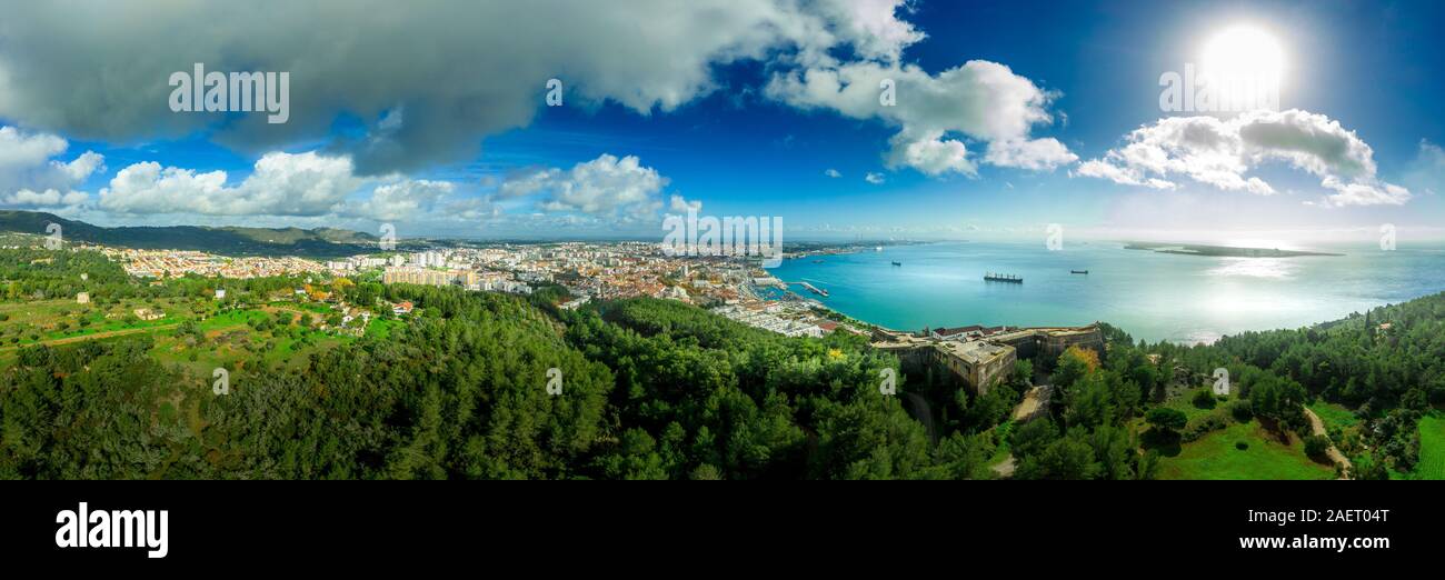 Aerial view of Fortress Sao Filipe in Setubal Portugal star shape fort ...