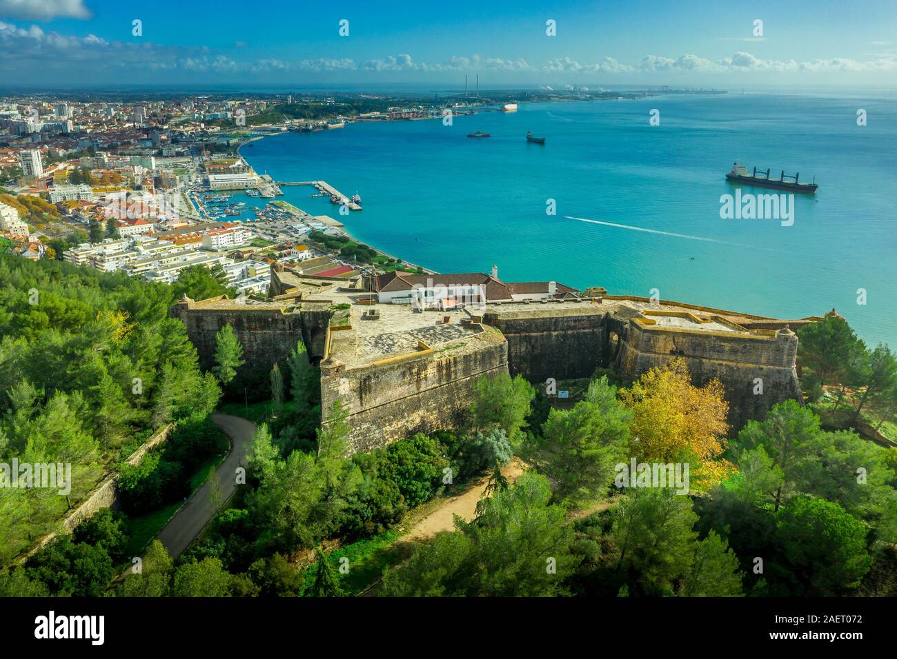 Aerial view of Fortress Sao Filipe in Setubal Portugal star shape fort ...
