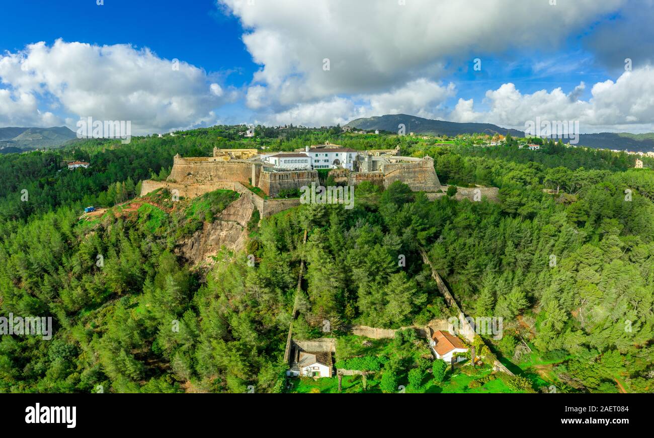 Aerial view of Fortress Sao Filipe in Setubal Portugal star shape fort ...