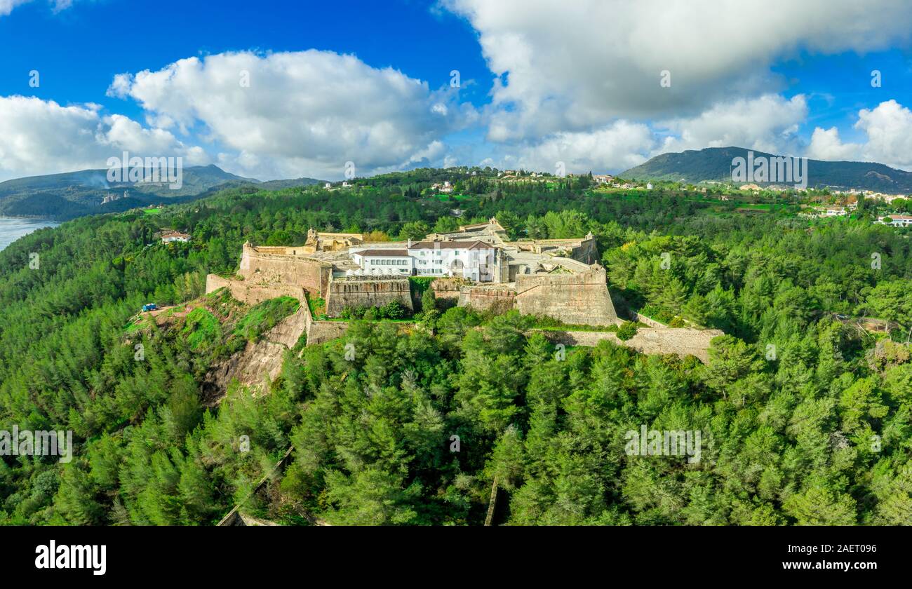 Aerial view of Fortress Sao Filipe in Setubal Portugal star shape fort ...